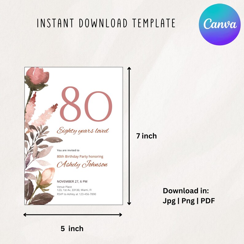 80th Birthday Invitation Canva Template, 80 B-day Editable Digital ...