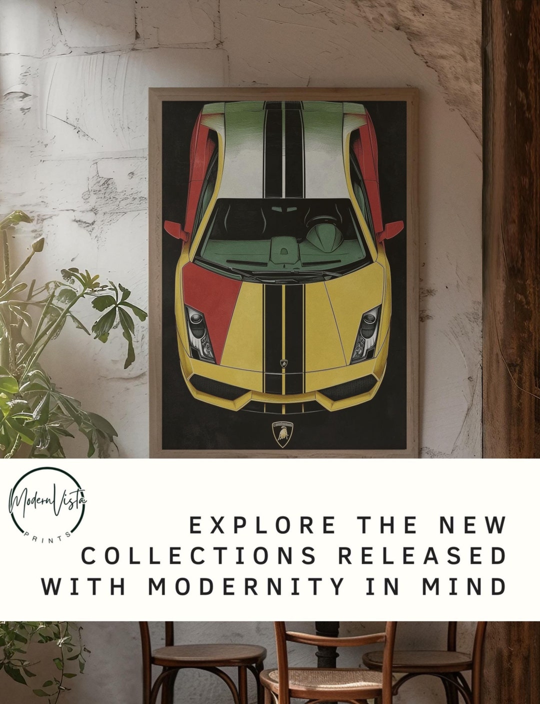 Lamborghini Gallardo Vintage Print Poster | Yellow & Black Retro Modern ...