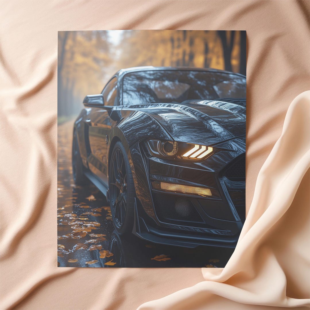 Black Mustang Classic Car Art Poster Print, Rainy Autumn Setting, Car ...