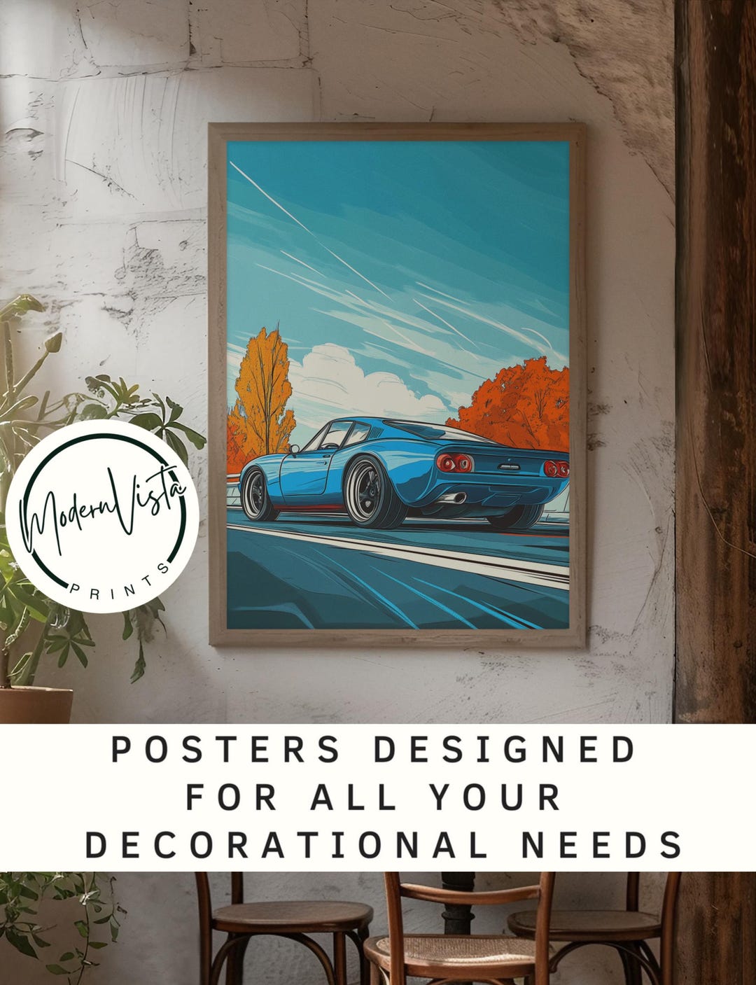 Blue Sports Car Poster | Retro Wall Art Print | Autumn Scene Car Decor ...