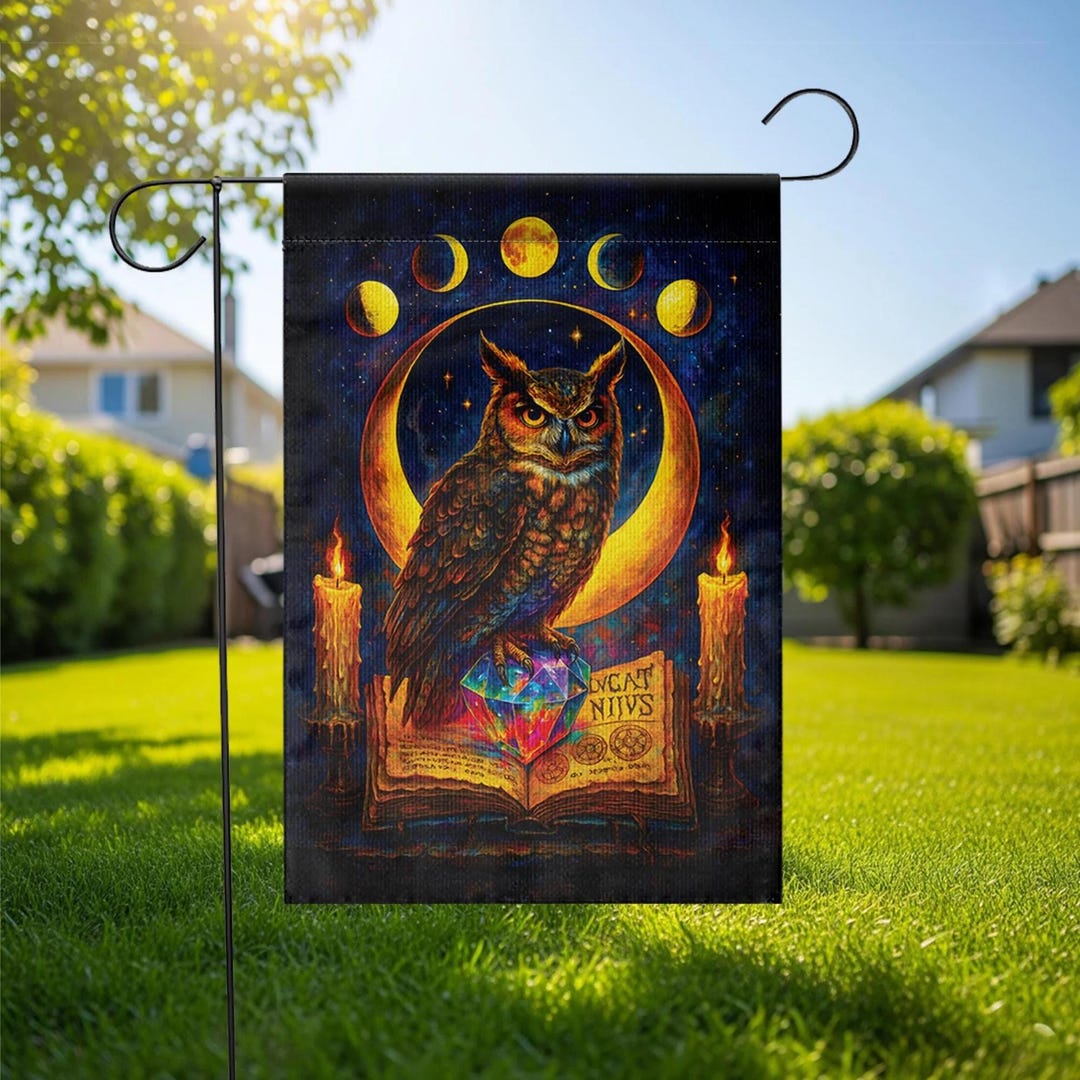 Witchy Owl Celestial Moon Phases Garden Flag, Wiccan Grimoire Magic ...