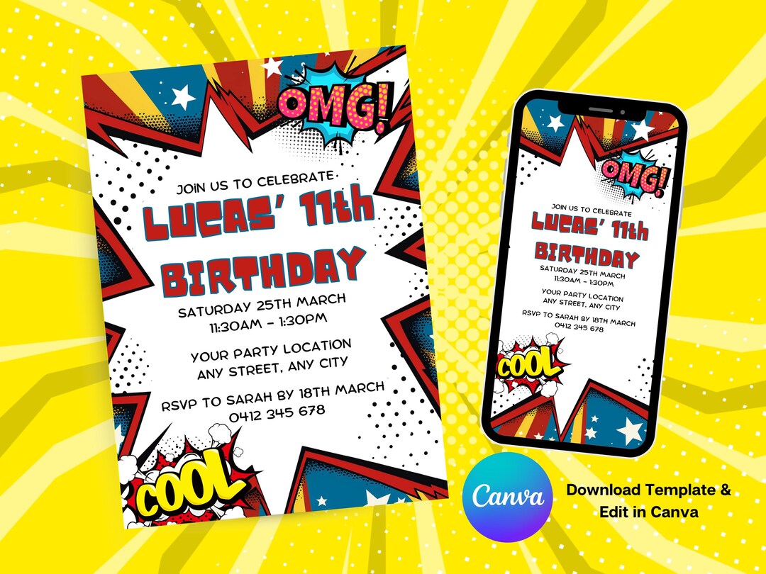 Comic Book Invitation, Superhero Invitation, Bold Coloured Invitation ...
