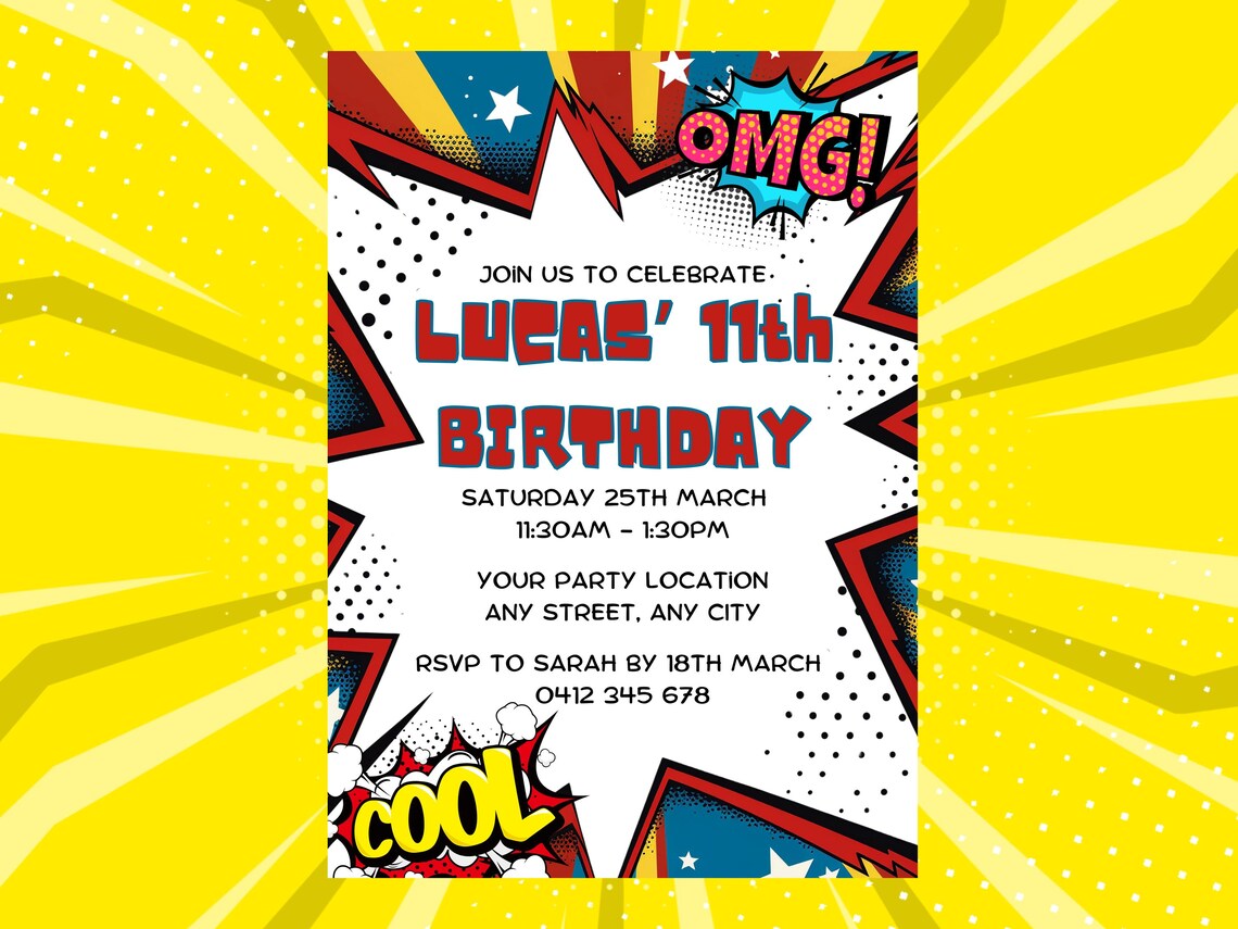 Comic Book Invitation, Superhero Invitation, Bold Coloured Invitation ...