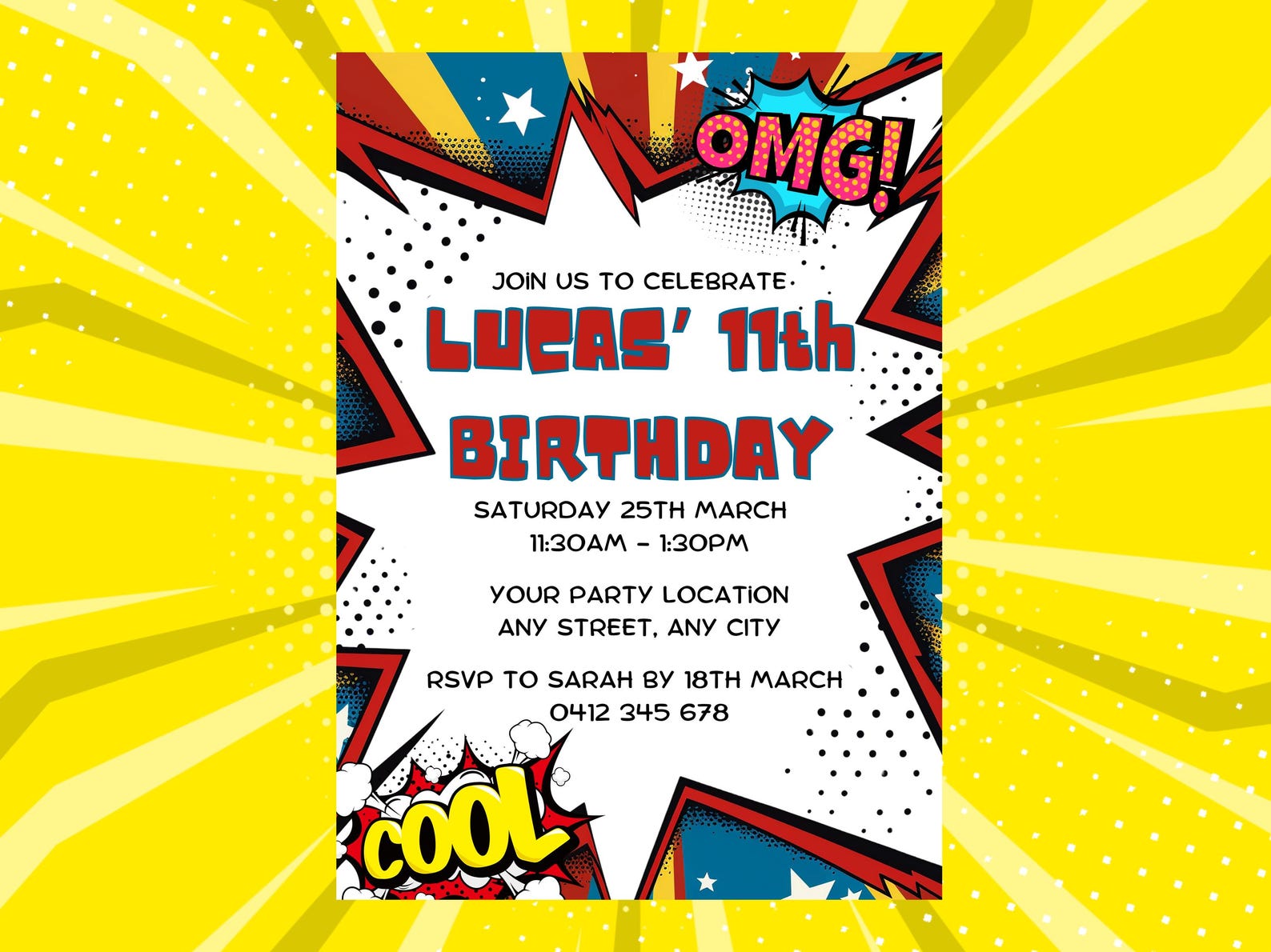 Comic Book Invitation, Superhero Invitation, Bold Coloured Invitation ...