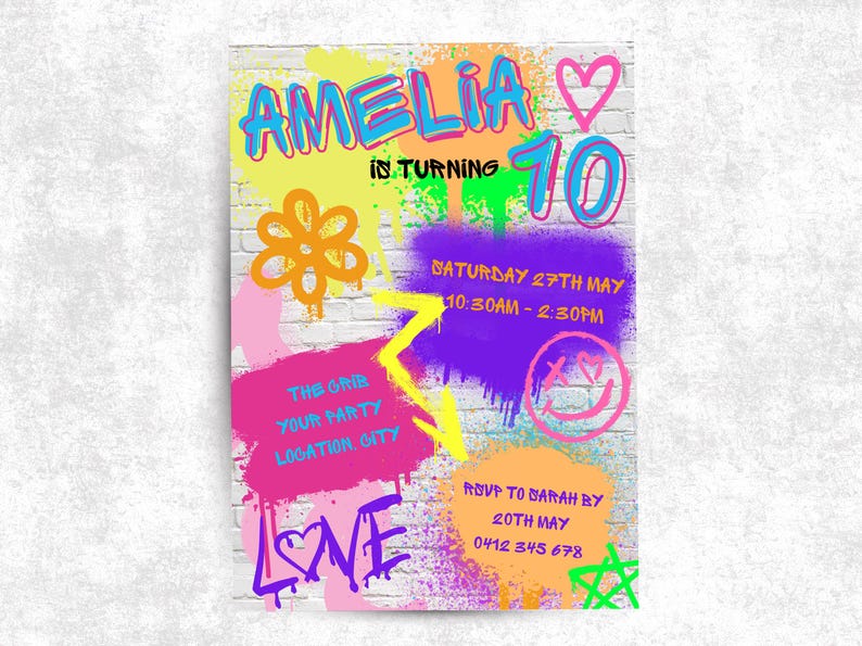Girls Graffiti Style Birthday Invitation Street Art Birthday Invitation ...