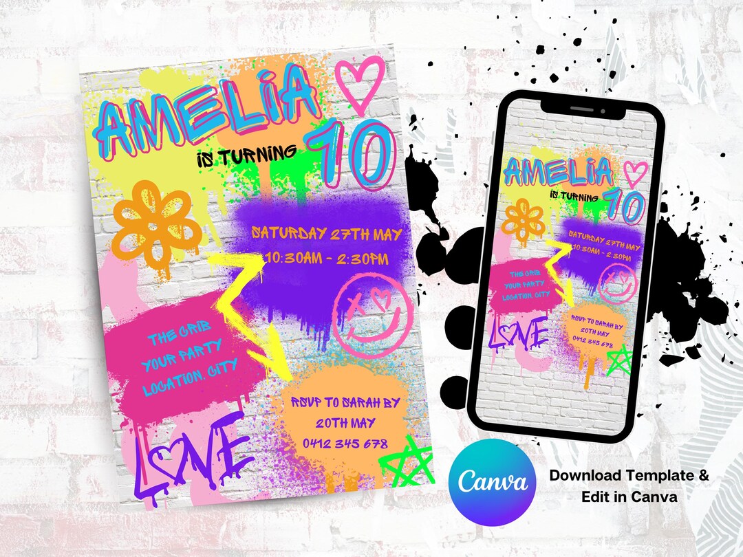 Girls Graffiti Style Birthday Invitation Street Art Birthday Invitation ...
