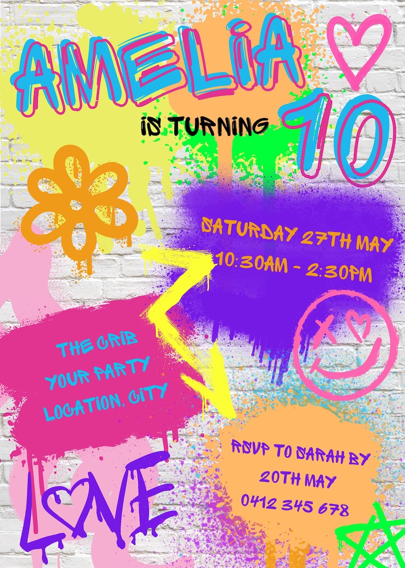 Girls Graffiti Style Birthday Invitation Street Art Birthday Invitation ...