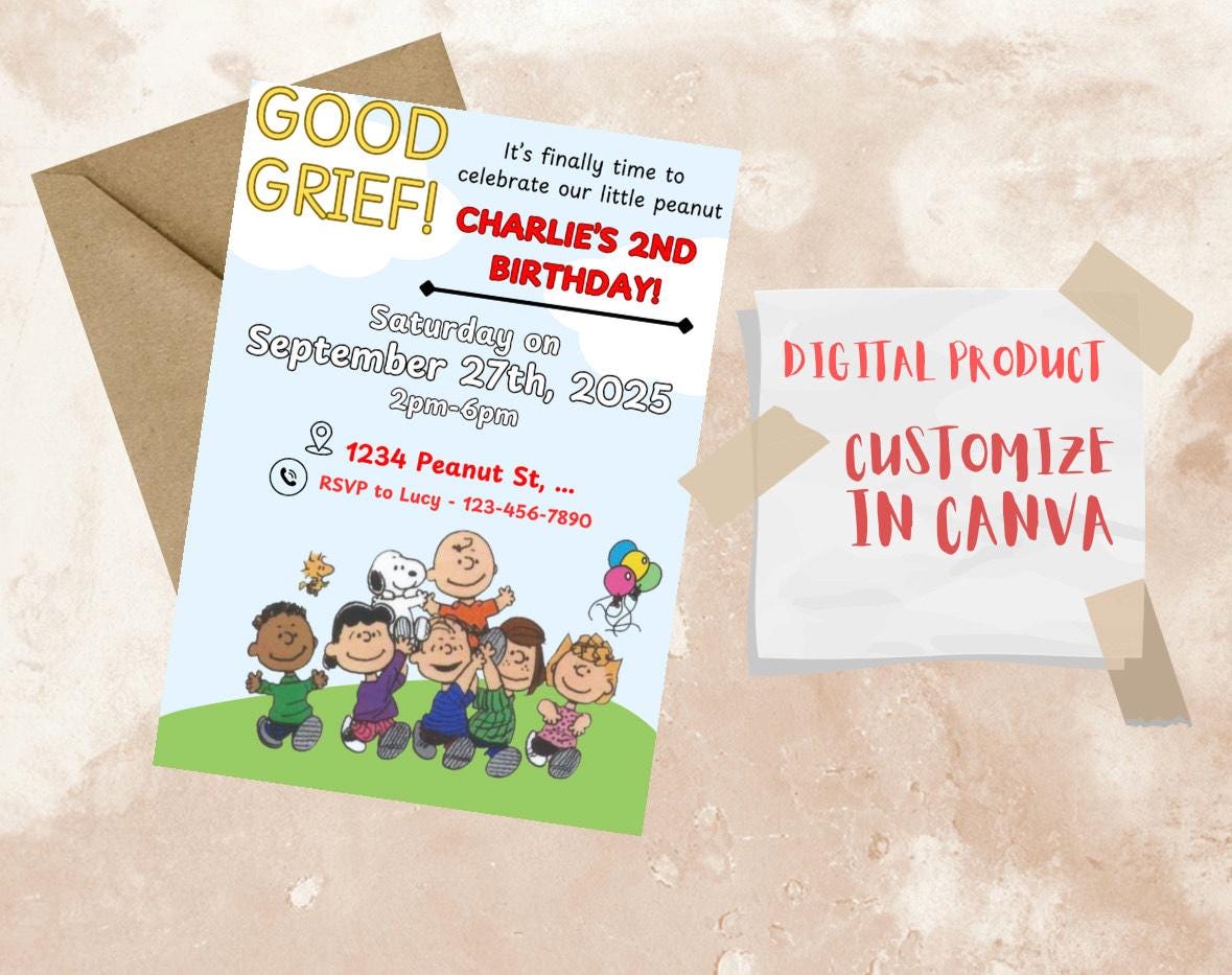Snoopy Birthday Invitation, Peanuts Gang, Canva Template (digital ...