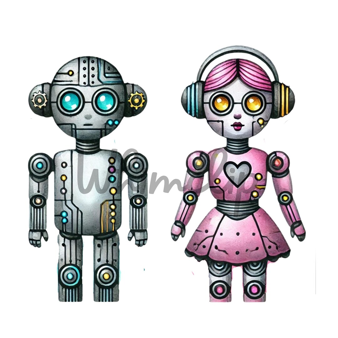 Robot Couple Bathroom Sign Clipart Futuristic Watercolor PNG for Sci-fi ...