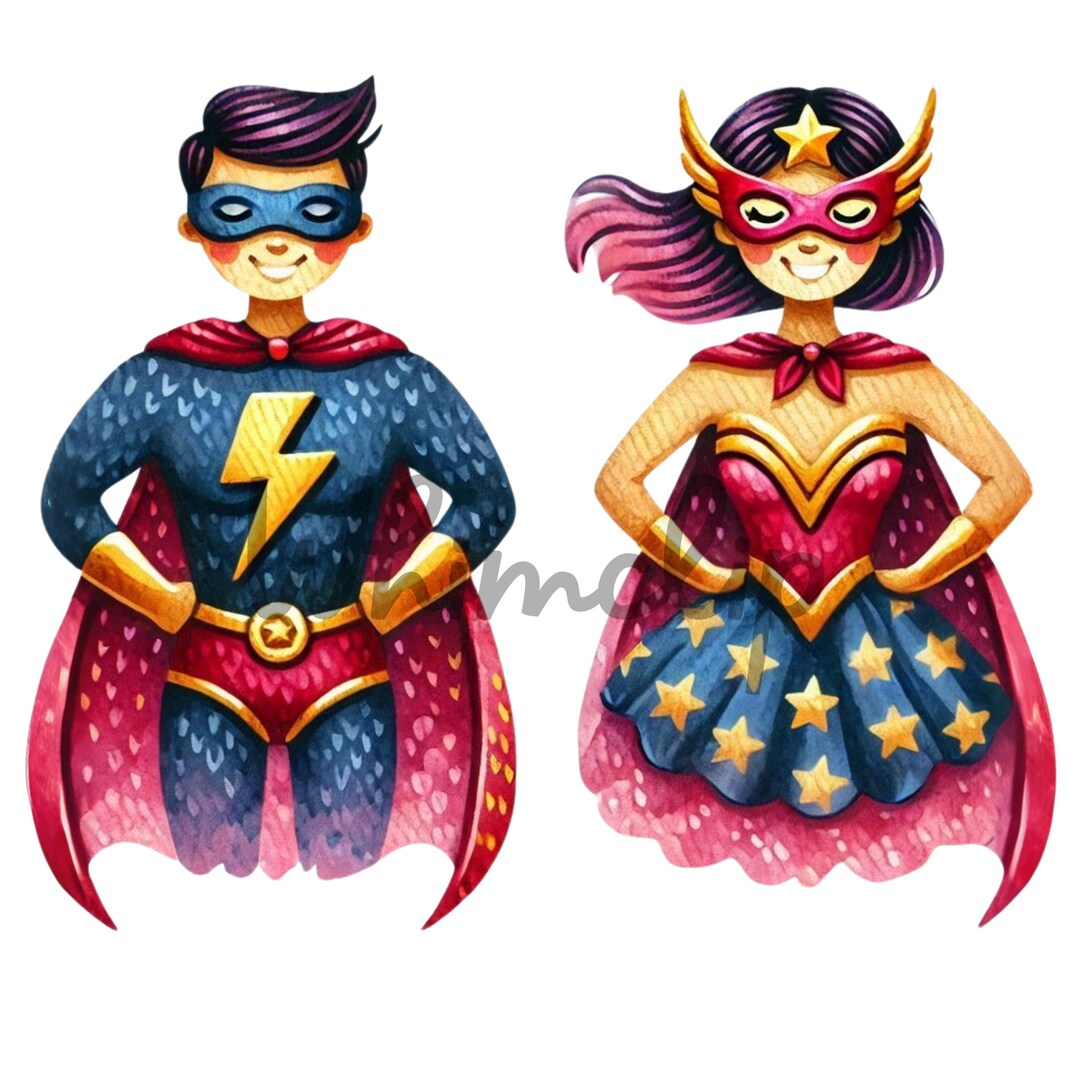 Superhero Bathroom Sign Clipart – Watercolor Hero and Heroine Restroom ...