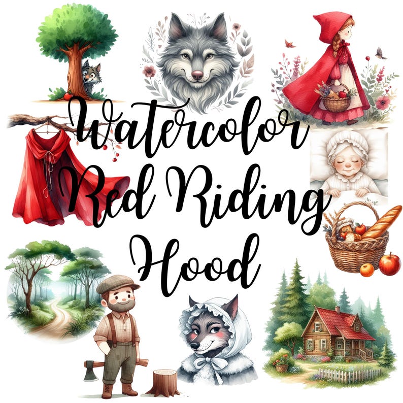Little Red Riding Hood Clipart PNG – Watercolor Wolf, Basket, Red Hood ...
