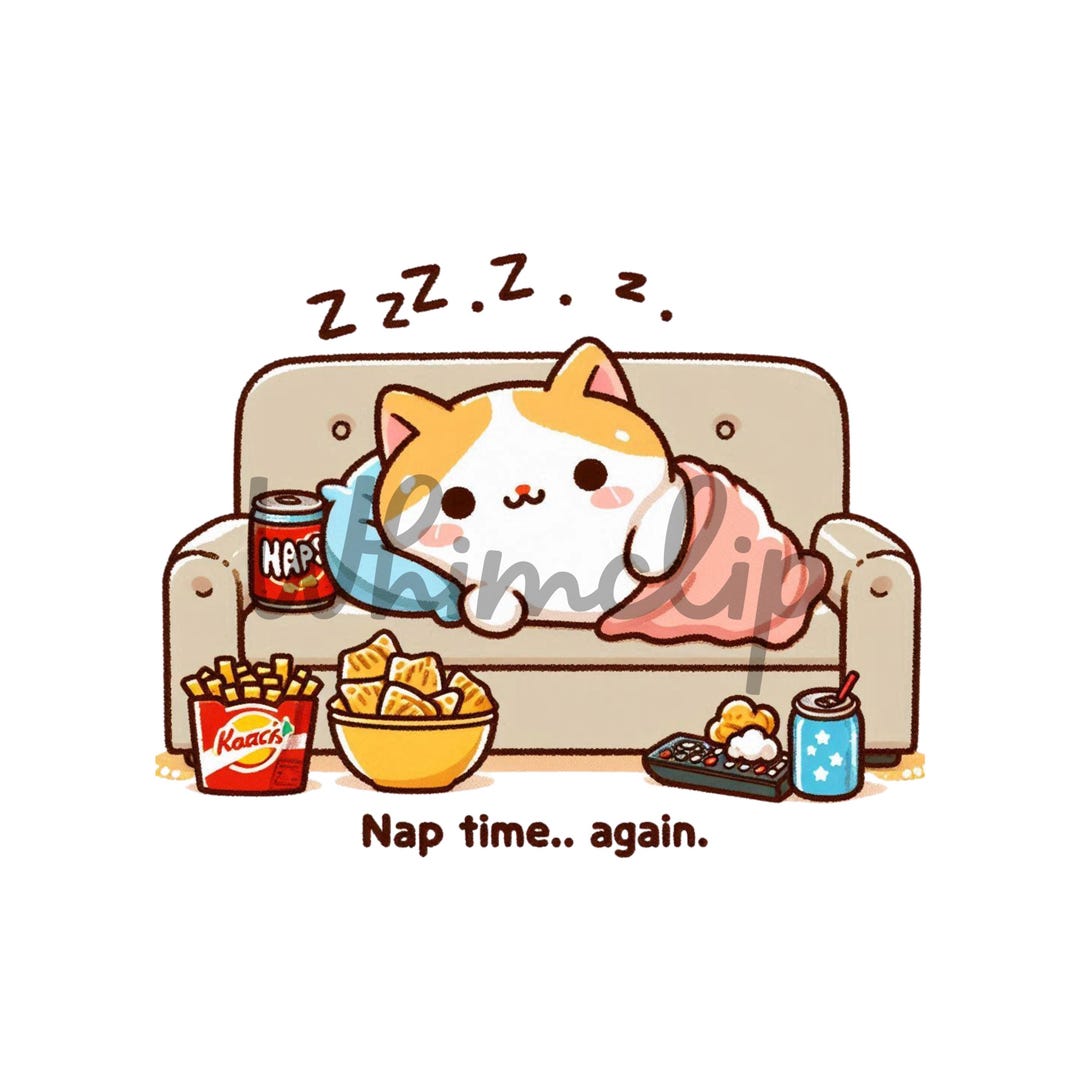 Kawaii Cat Nap Clipart for Sublimation - Cute Cat on Couch PNG Design ...
