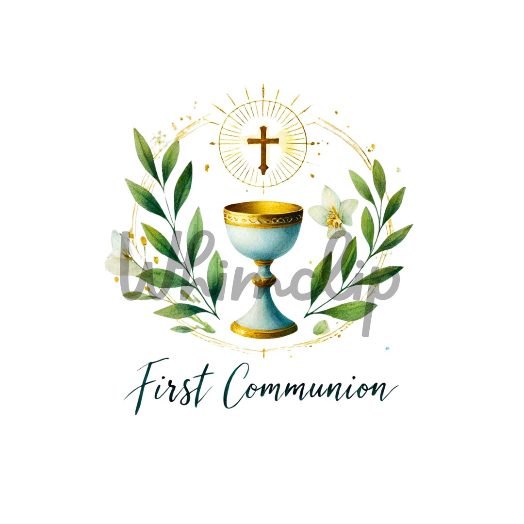 First Communion Watercolor Clipart PNG – Chalice, Cross & Floral Wreath ...