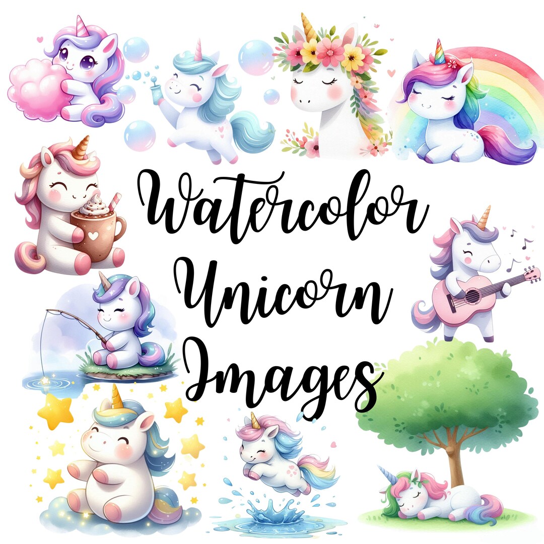 Kawaii Unicorn Clipart PNG Watercolor Unicorns, Stars, Rainbows & More ...
