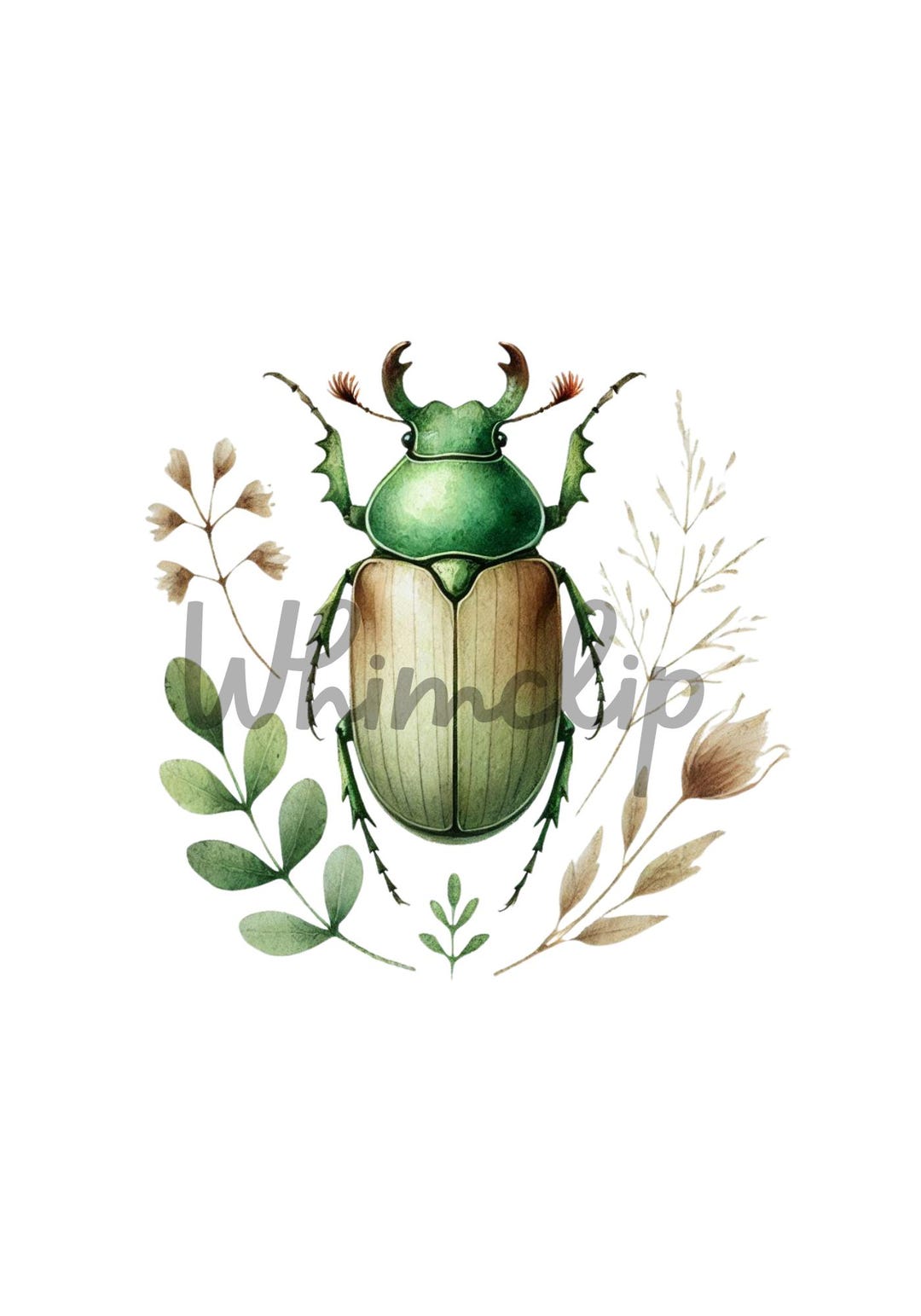Watercolor Green Beetle Clipart With Floral Accents Vintage Insects ...
