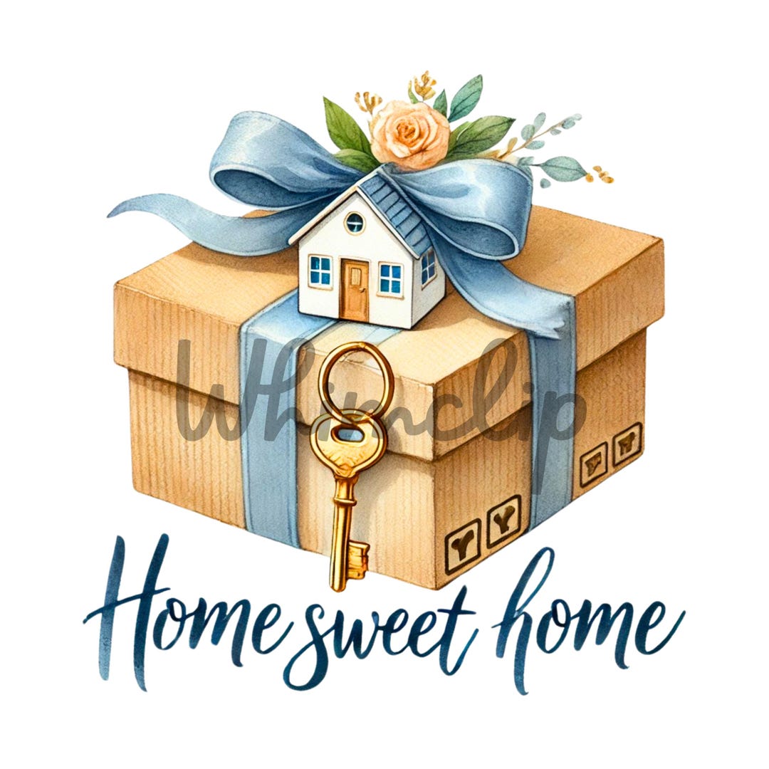 Home Sweet Home Watercolor Clipart PNG Gift Box, House & Key Design for ...