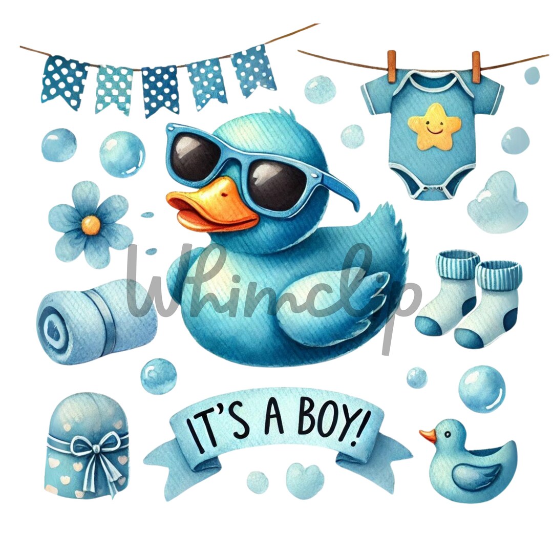 Rubber Duck Baby Shower Clipart | Blue Baby Boy Digital Download ...