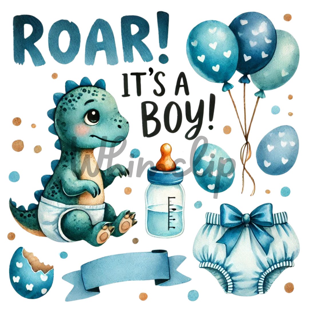 Roar! Dinosaur Baby Shower Clipart | Blue Baby Boy Digital Art | Baby ...