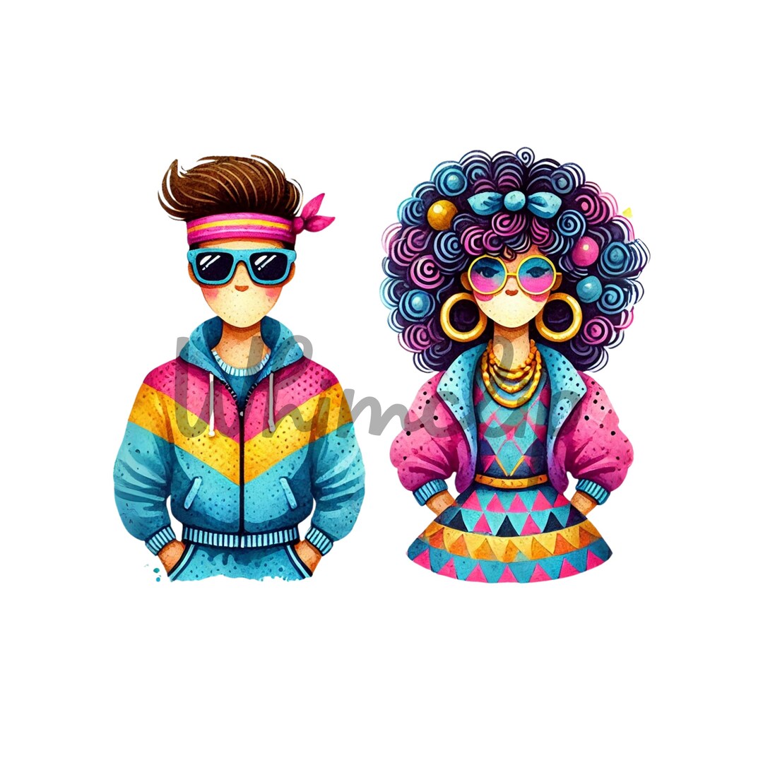 Retro 80s Mens and Womens Bathroom Sign Clipart Funky Neon Style ...