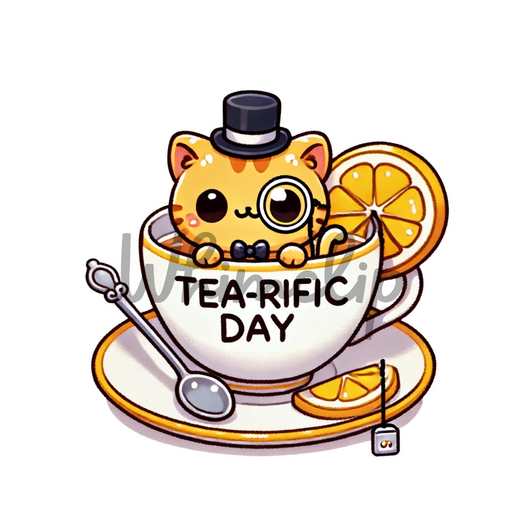 Tea-rific Day" Kawaii Cat in Teacup Clipart High-quality Digital PNG ...