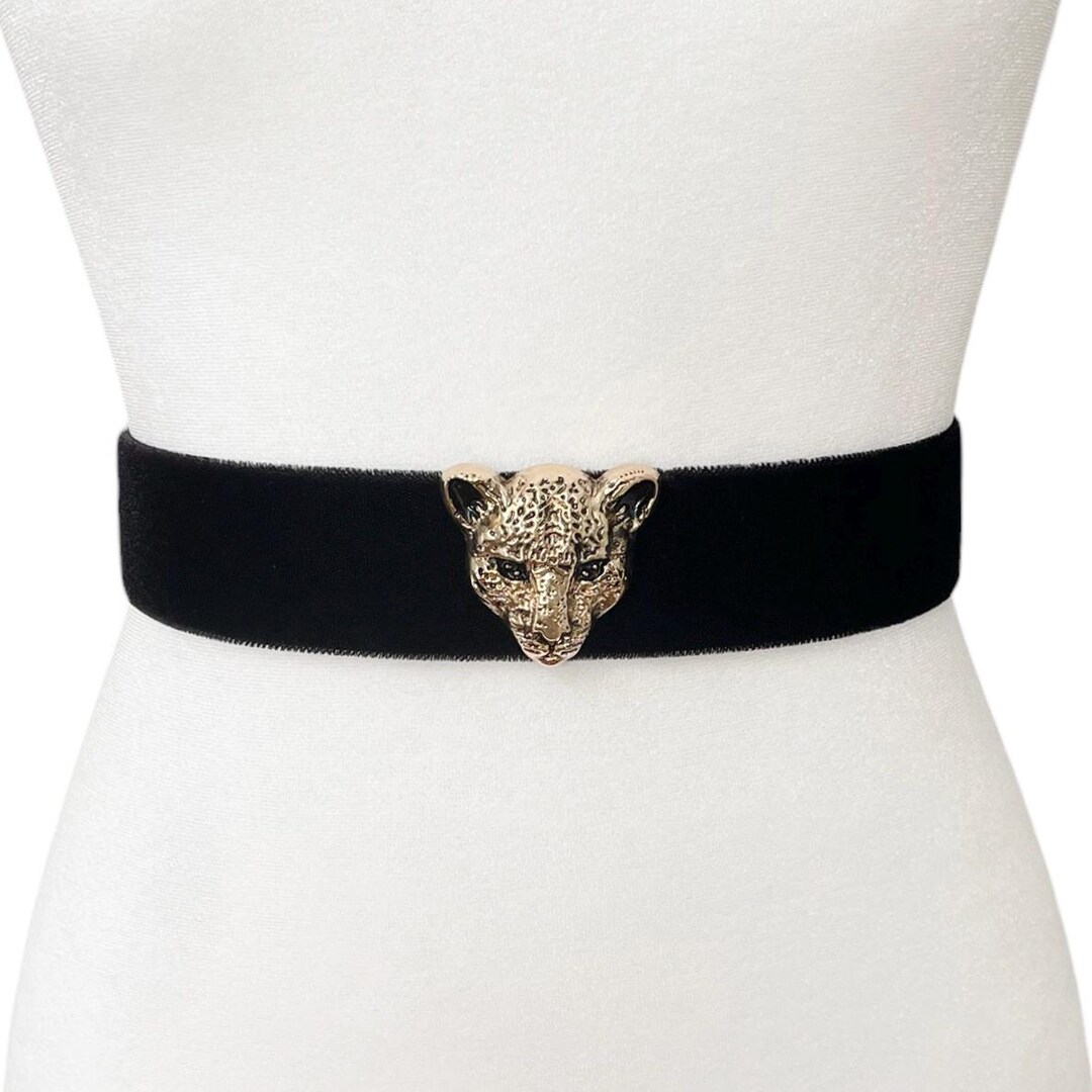 Velvet Belt W/ Metal Leopard Head Buckle | 2 Colors | Designer Belt ...