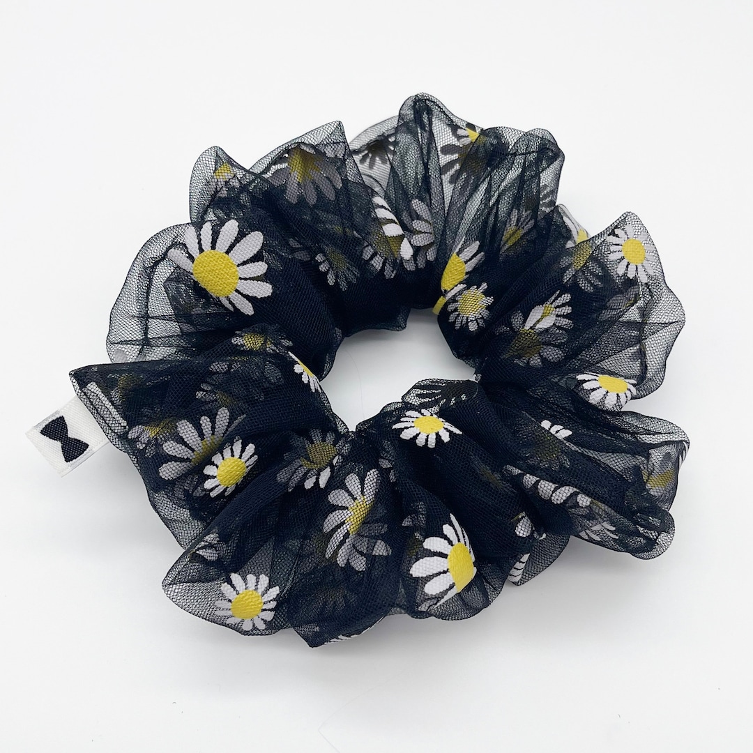 Black Daisy Tulle Scrunchie | 2 Sizes | Oversized Hair Ties | Flower Scrunchies | Spring ...