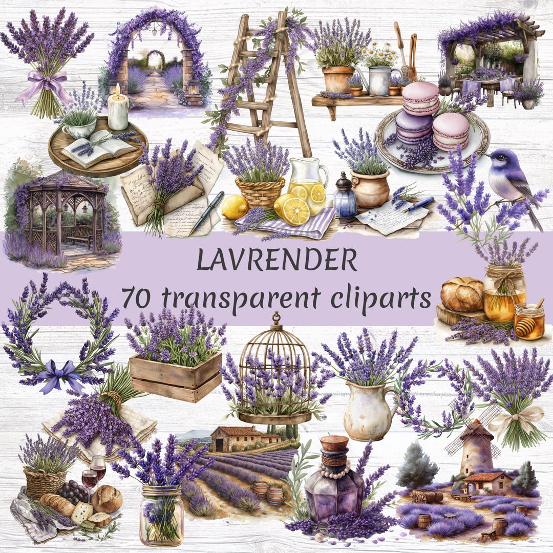 Watercolor Lavender Clipart Bundle for Spring Crafting, 70 Png Files ...