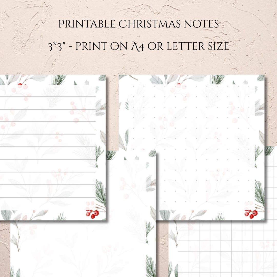 Printable Notes in Pretty Christmas Style, 4 Designs: Grid, Dots, Blank ...