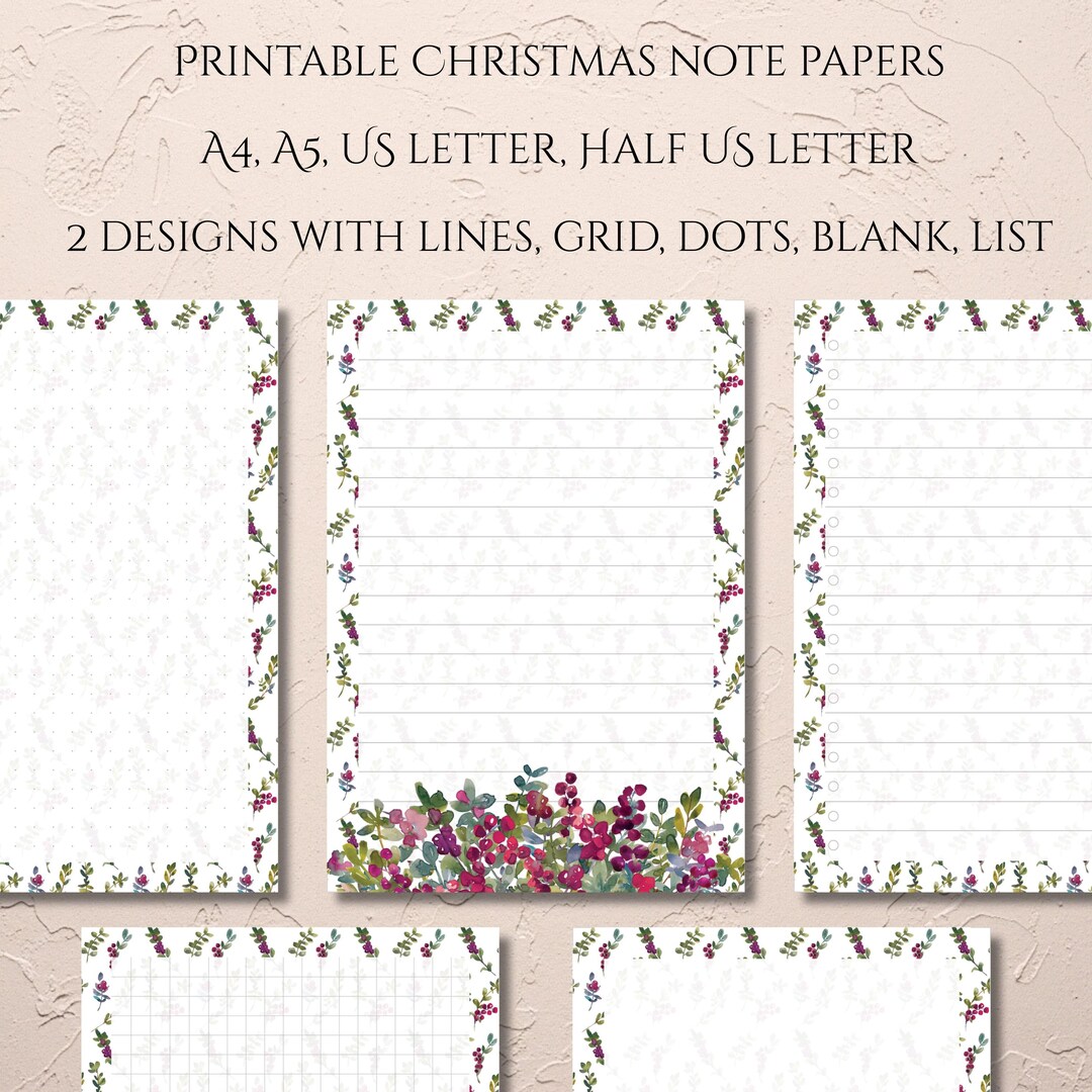 Printable Christmas Note Paper With Winter Berry, in A4, A5, US Letter ...