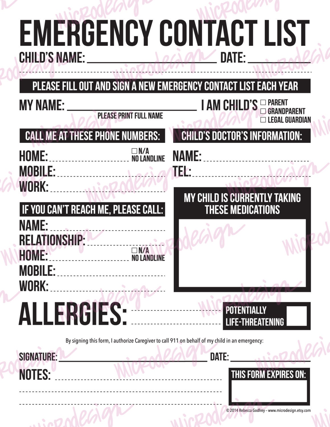 Printable Emergency Contact Form For Babysitter Emergency Contact 