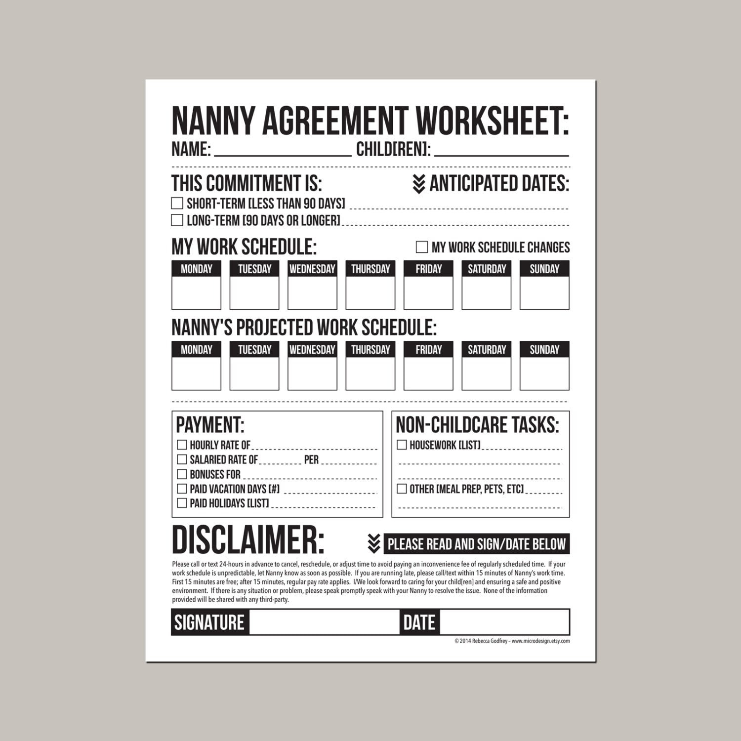 Nanny Agreement Worksheet: Printable Pdf Sheet - Etsy
