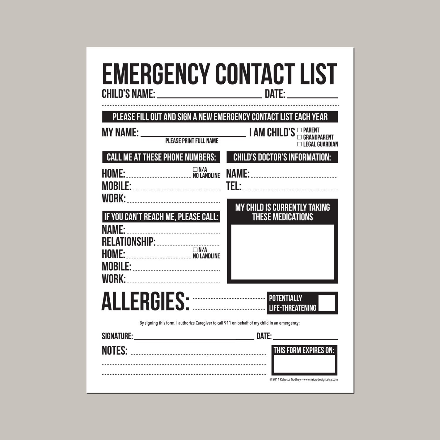 Emergency Contact Form For Nanny Babysitter Or Daycare Etsy