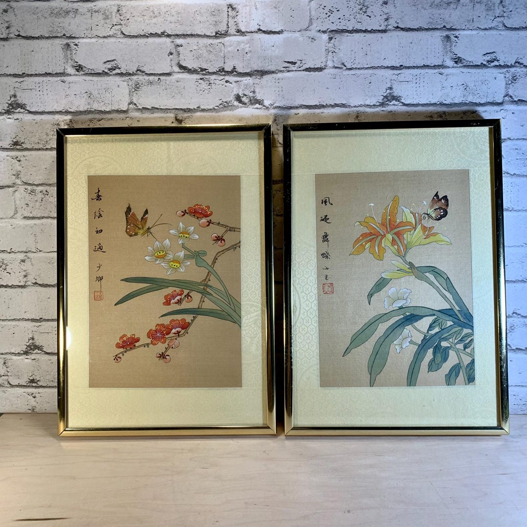 Vintage Oriental Painting, Hummingbird Lilies, Vintage Asian Watercolor ...
