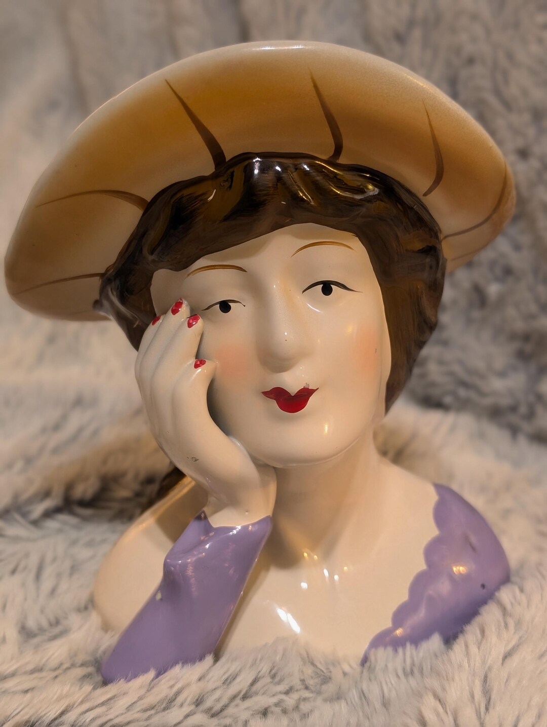 Vintage Ceramic Lady Head Wearing Brown Hat With Ponytail Hand Resting ...