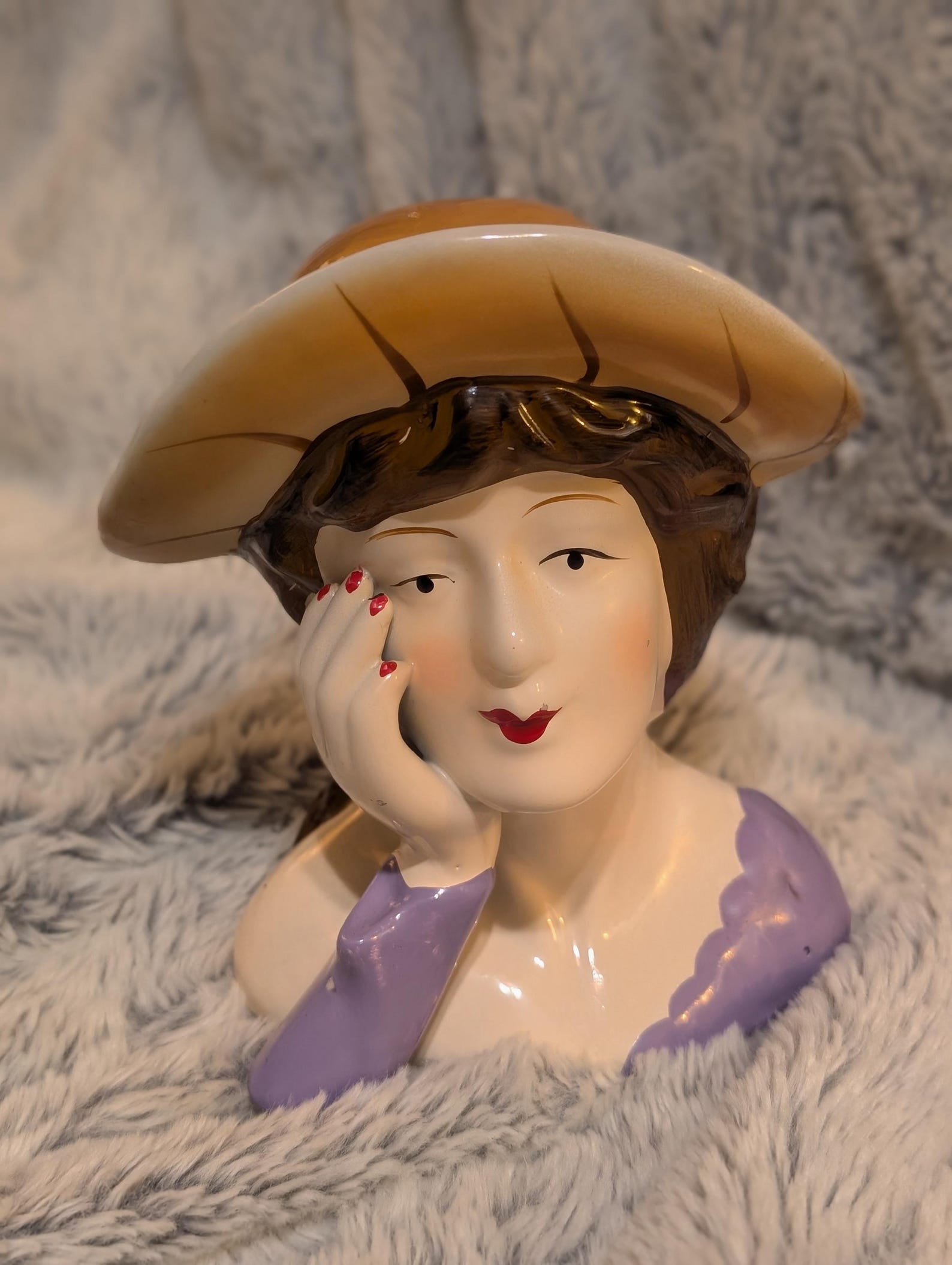 Vintage Ceramic Lady Head Wearing Brown Hat With Ponytail Hand Resting ...