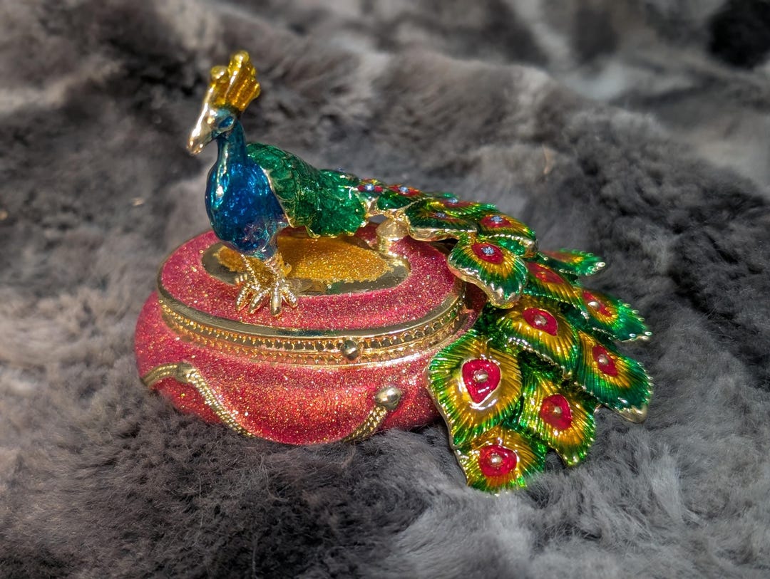 Swarski Crystal Enamel Peacock Figurine Trinket Box - Etsy