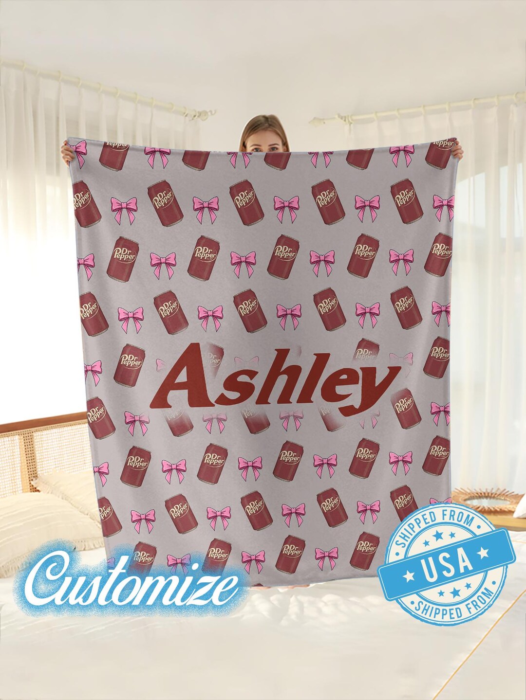 Personalized Name Dr.pep Throw Blanket for Her, Girly Bow Drink Soft ...