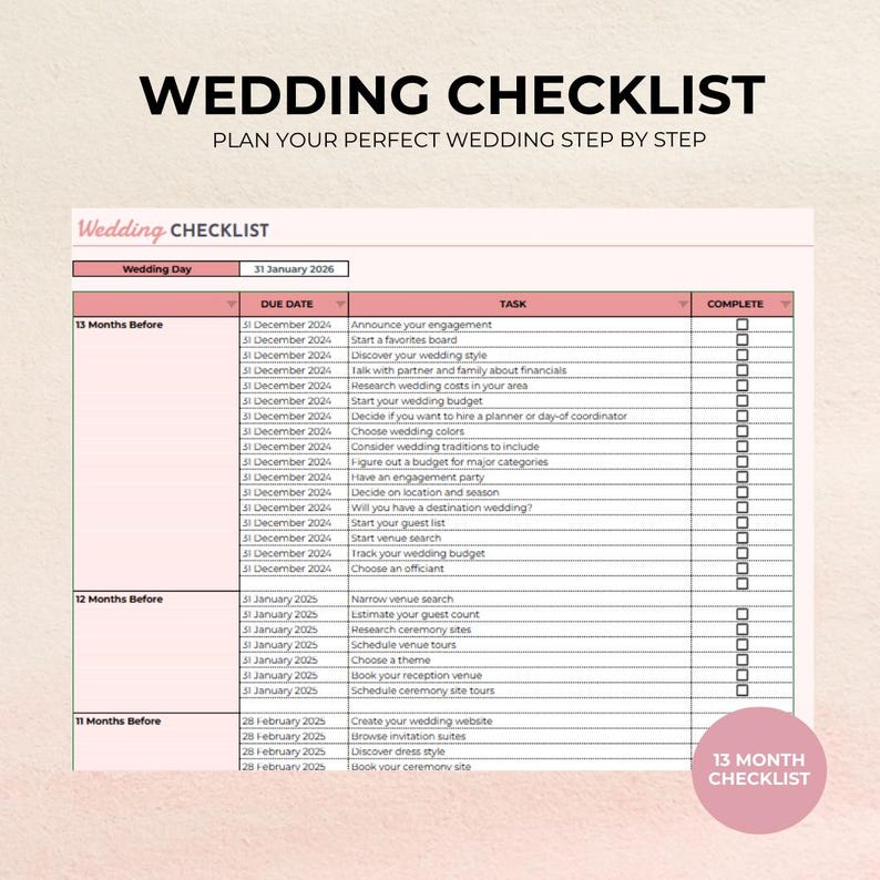 Wedding Checklist Planner Template | Wedding Planning Spreadsheet for ...