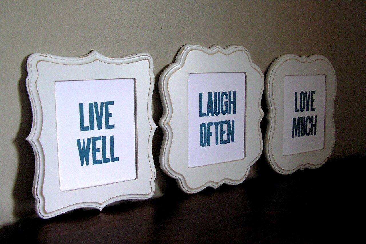 Live Well Laugh Often Love Much Teal Blue Letterpress Print Set of 3 ...