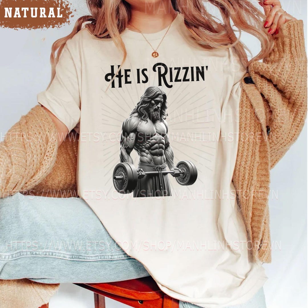 Gym Lifting Ripped Muscles He is Rizzin Jesus Weightlifting T-shirt ...