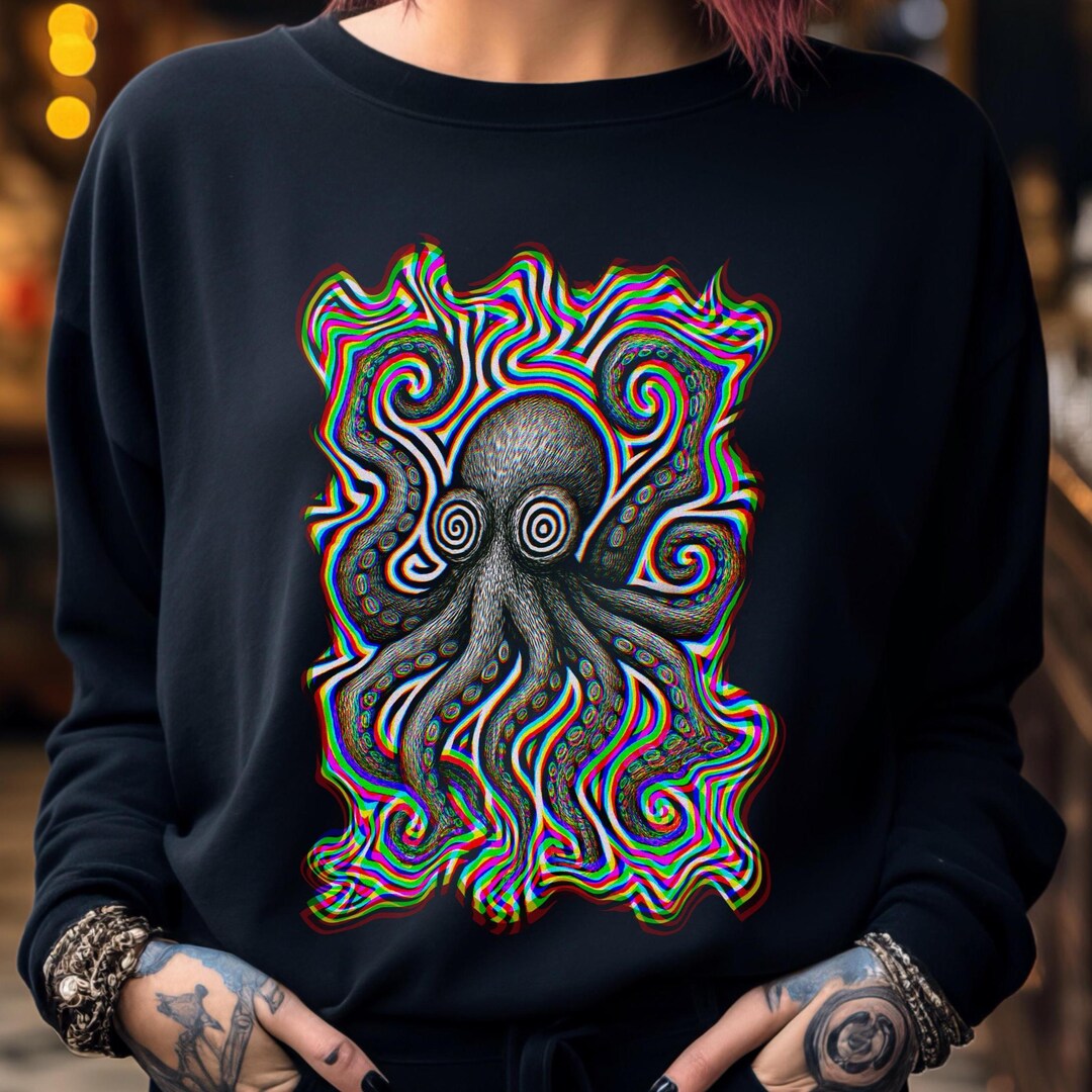 Psychedelic Octopus T-shirt: Trippy Glitchcore Rave Streetwear - Etsy