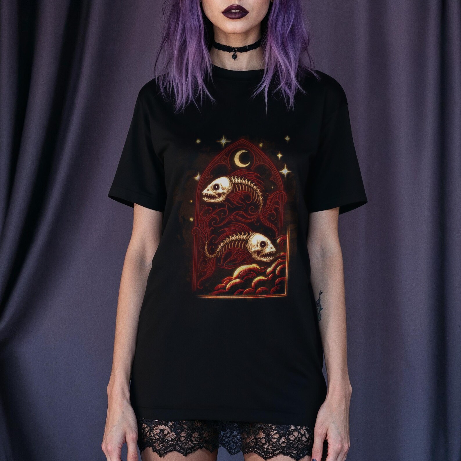 Gothic Pisces Skeleton Fish T-shirt – Celestial Zodiac Alt Fashion - Etsy