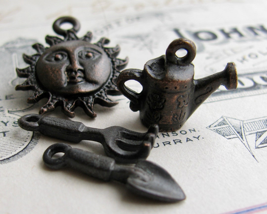 Gardening Charm Set, Antiqued Black Pewter (4 Charms) Watering Can, Sun ...