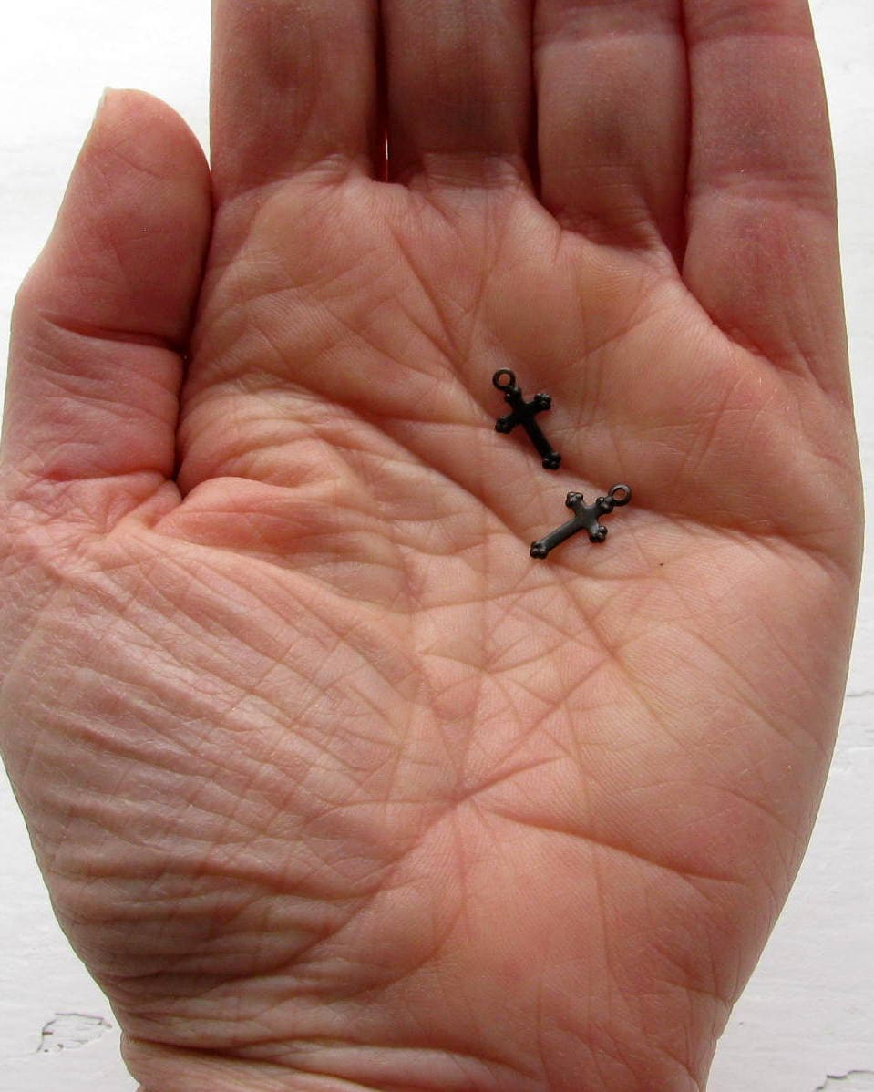 Tiny black cross charms 12 mini crosses 12mm black brass | Etsy