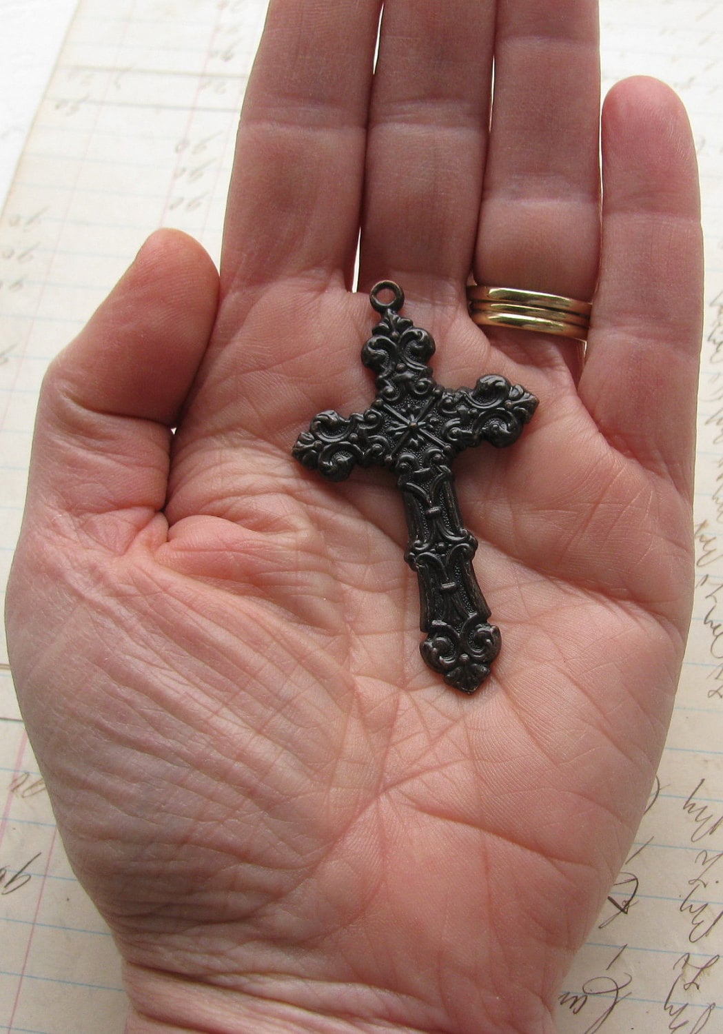 Victorian Mourning Black Cross Pendant, Large Rosary Cross, Aged ...