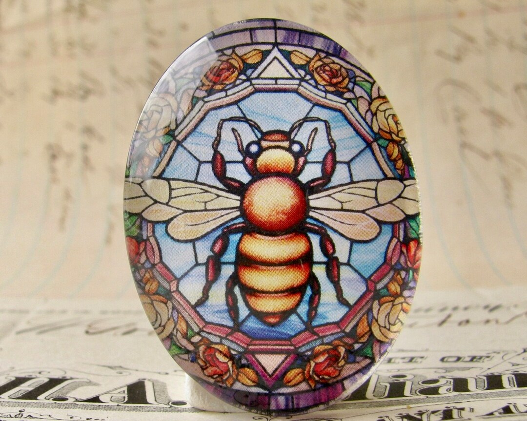 Stained Glass Window Honey Bee, Handmade 40x30mm Glass Oval Cabochon ...
