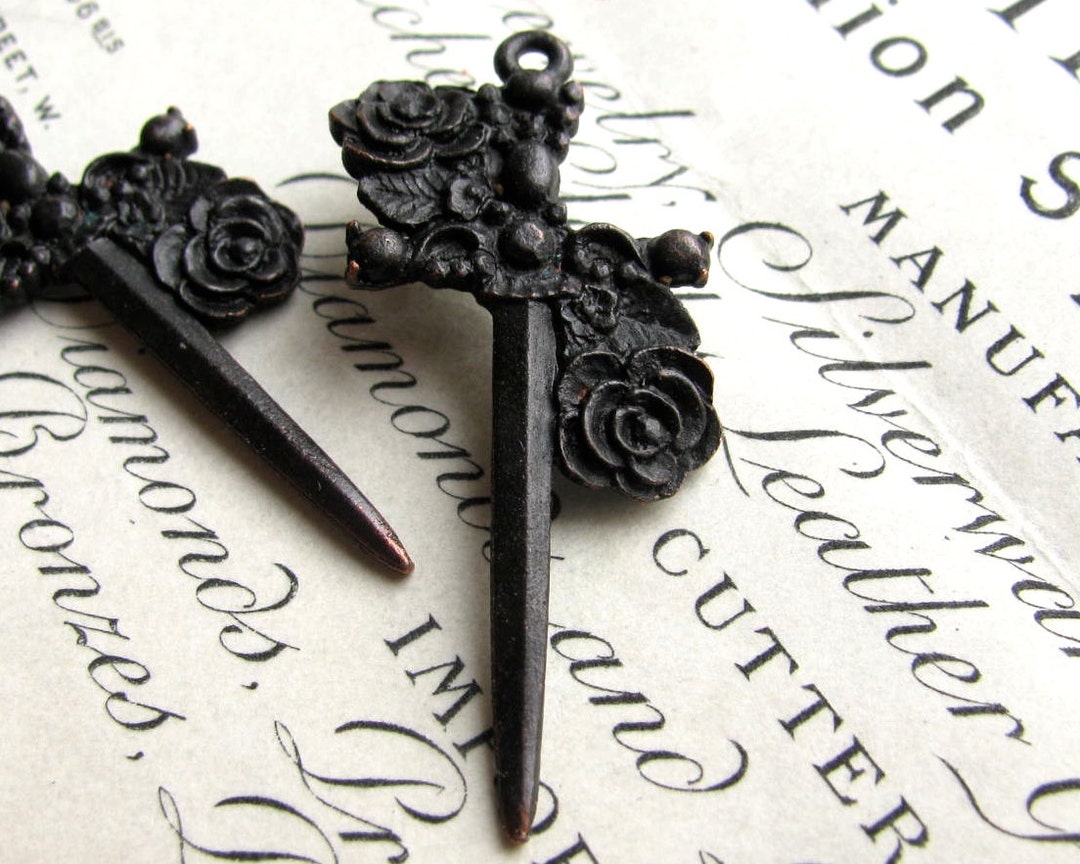 Rose Dagger (2) 40mm Rosary Black Gothic Cross Pendants, Antiqued Black ...