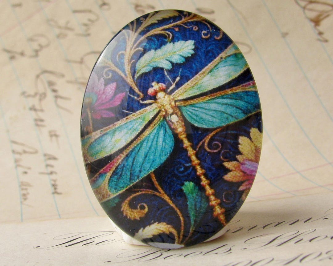 NEW! Colorful Dragonfly Cabochon, 40x30mm Handmade Glass Oval Cabochon ...