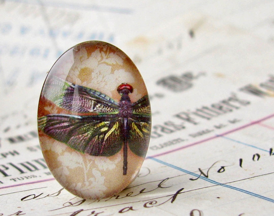 Dark Wing Dragonfly, 25x18mm or 40x30mm Glass Oval Cabochon, Iridescent ...