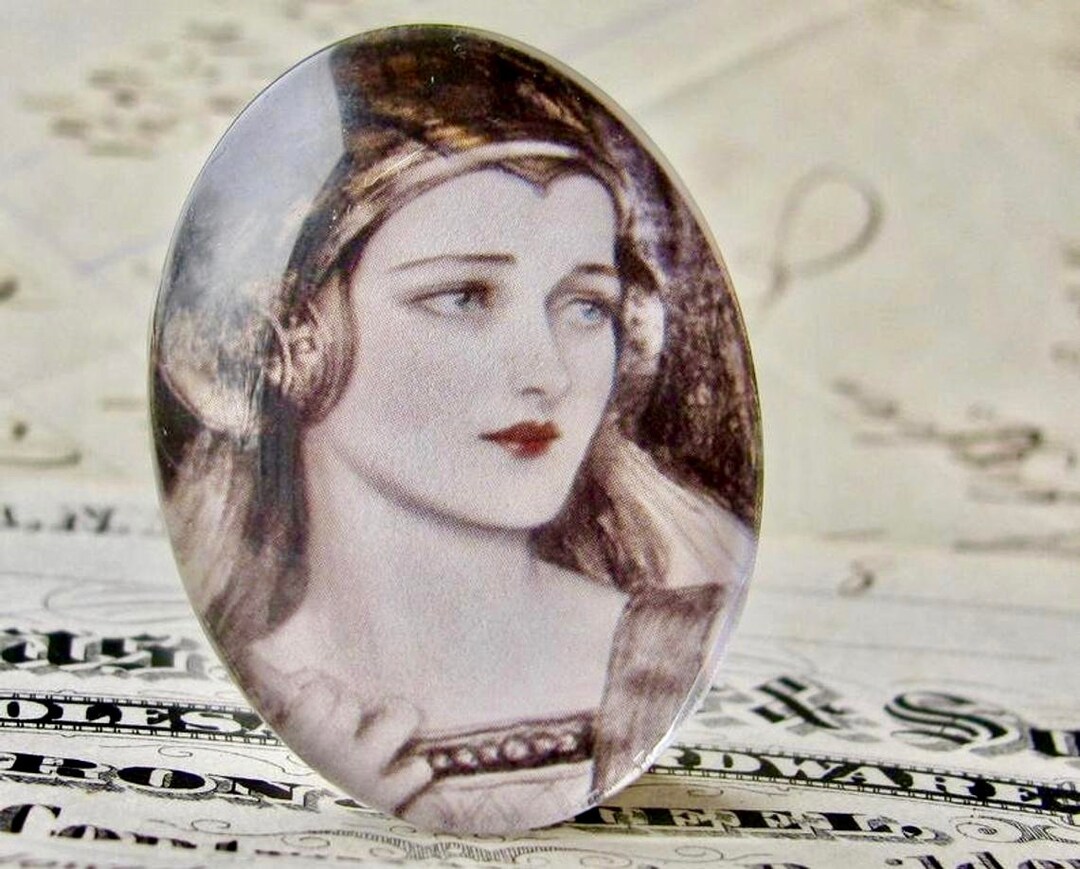 From 1926, Medieval Maiden Drawing, Glass Oval Cabochon, Handmade in ...